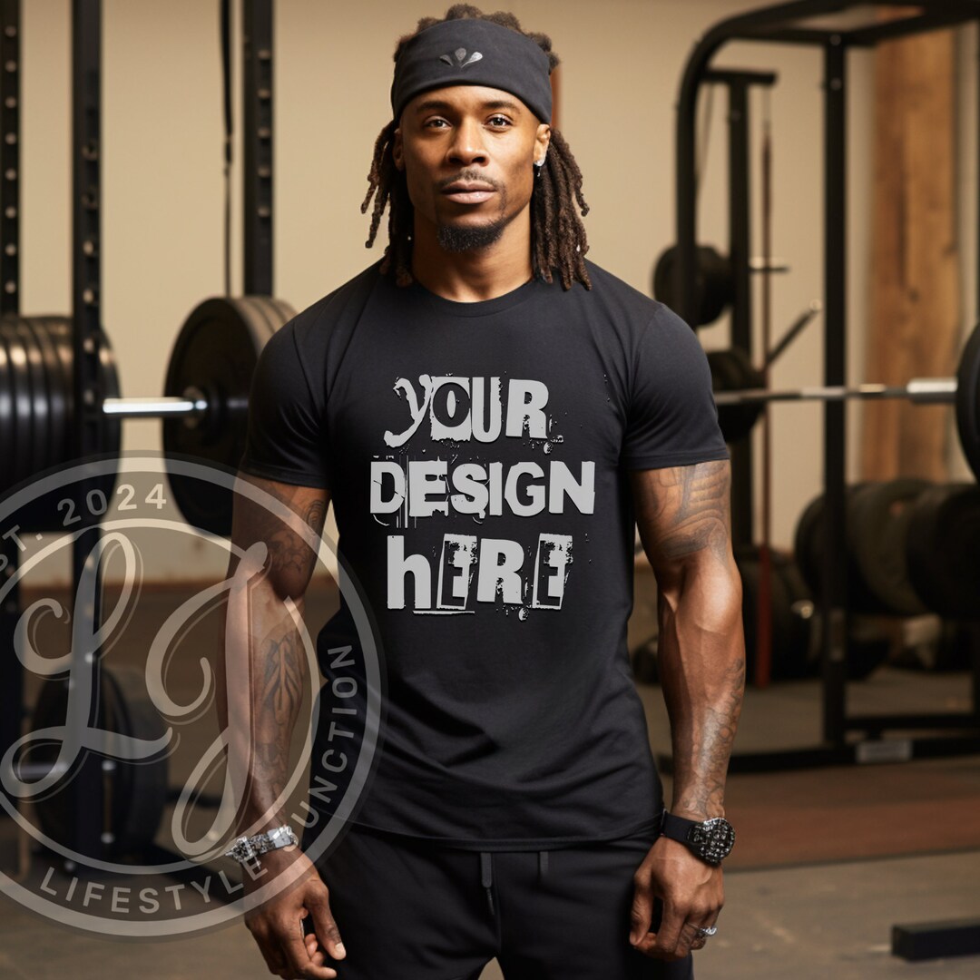 Fitness Male Model Mockup Bella Canva 3001 Black Tshirt Mockup Muscular ...