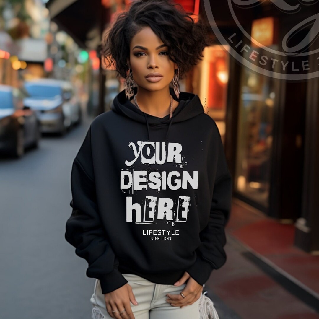 Black Hoodie Mockup Black Model Mockup Black Gildan 18000 Sweatshirt ...