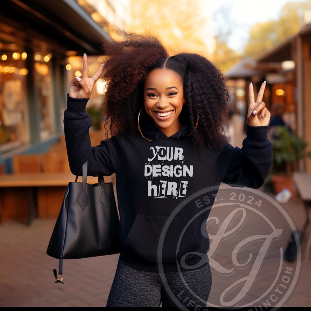 Female Black Hoodie Mockup Black Model Mockup Gildan 18500 Sweatshirt ...