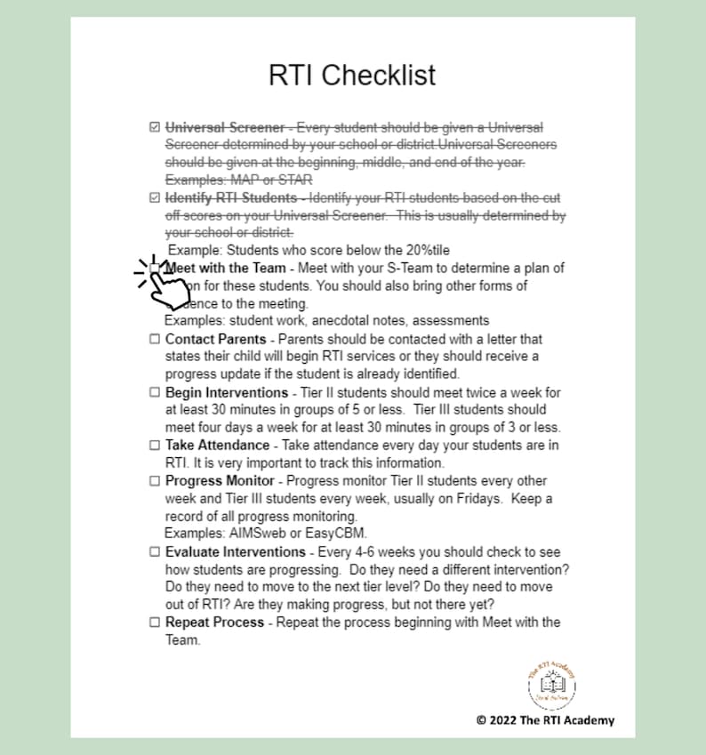 RTI Checklist Response to Intervention RTI Interventionist Reading Math ... RTI Checklist Response to Intervention RTI Interventionist Reading Math ...