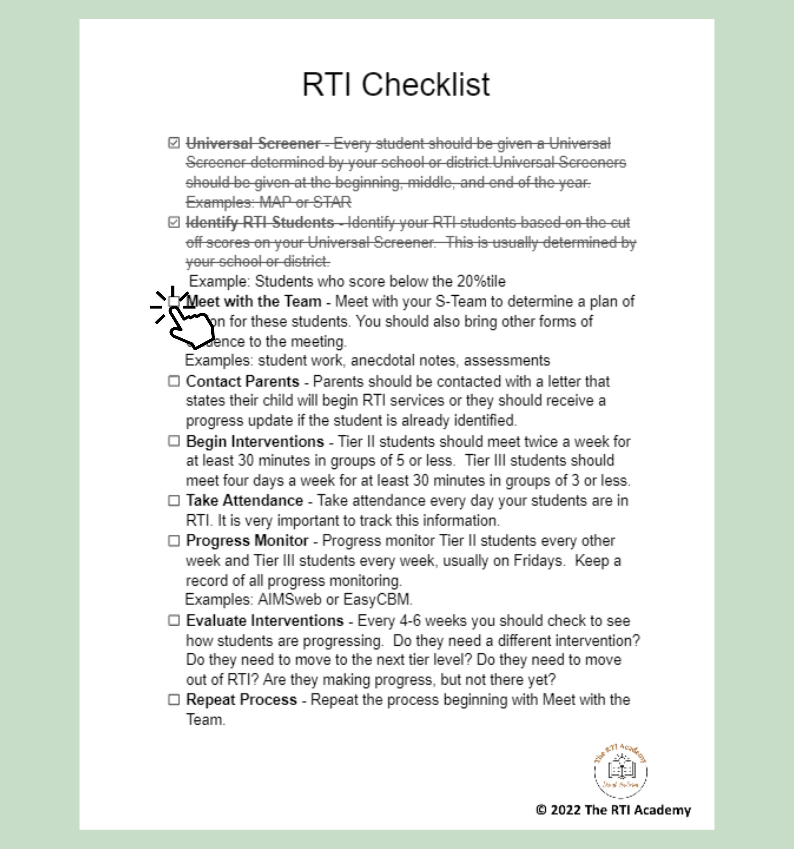 RTI Checklist Response to Intervention RTI Interventionist Reading Math ...