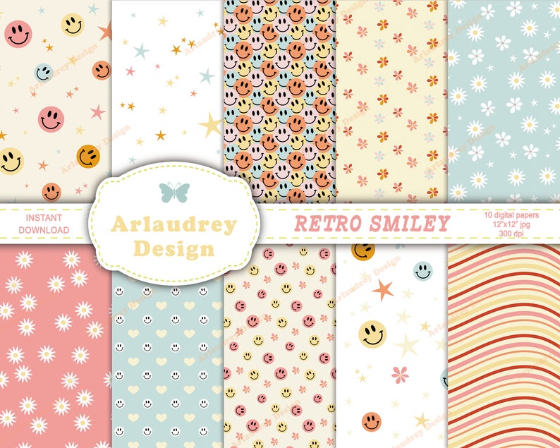 Retro Digital Paper, Smiley Digital Paper, Retro Scrapbook Paper, Retro ...