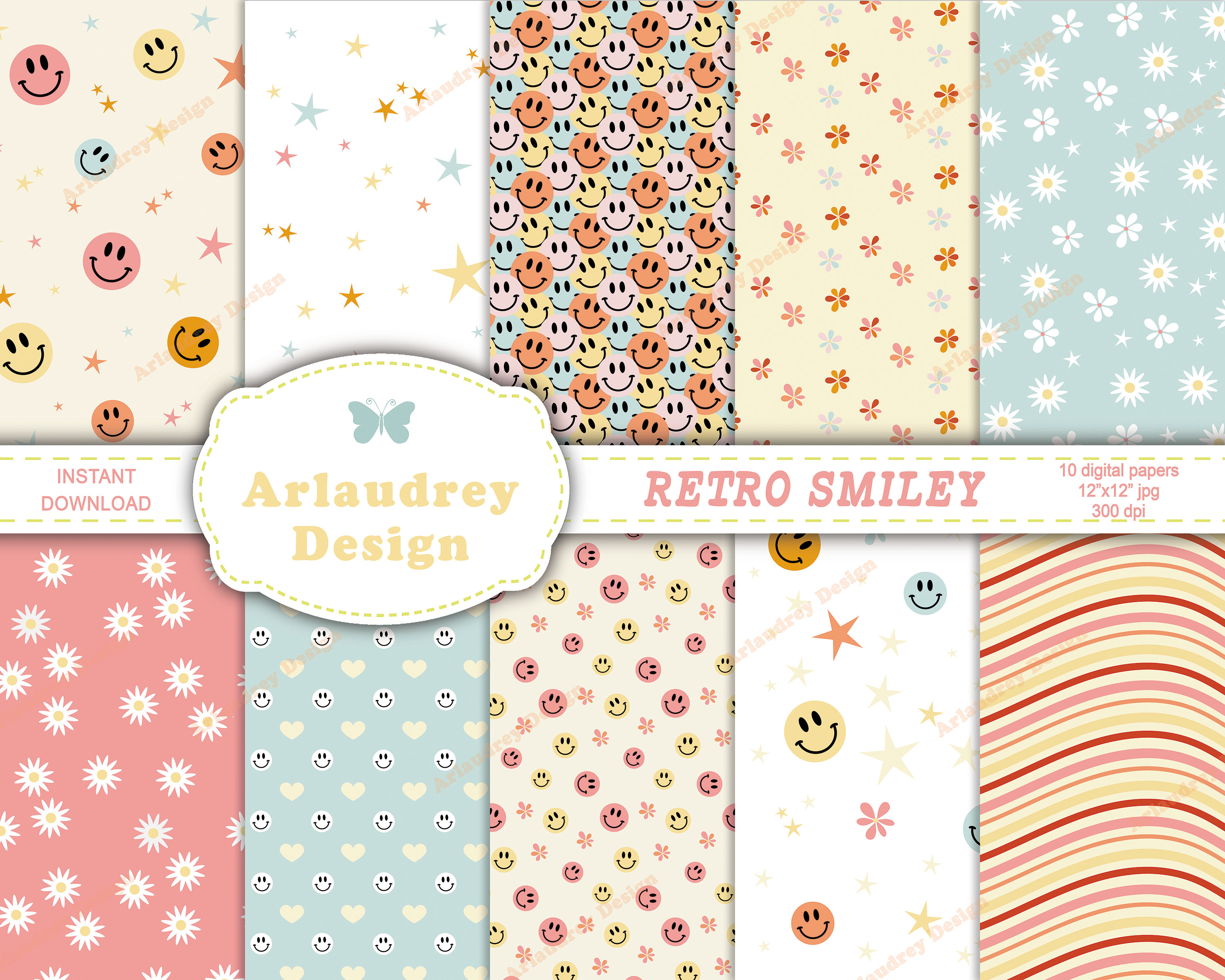 Retro Digital Paper, Smiley Digital Paper, Retro Scrapbook Paper, Retro ...