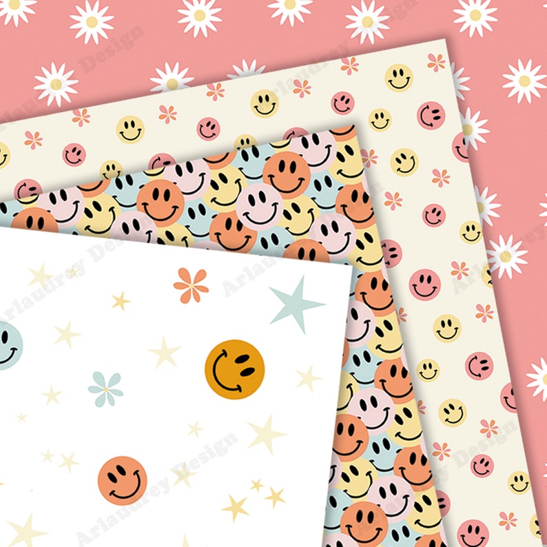Retro Digital Paper, Smiley Digital Paper, Retro Scrapbook Paper, Retro ...