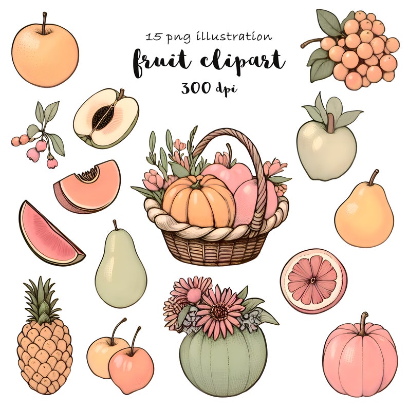 Fruit Clipart for Creative Project, Summer Fruit Clipart, Collage Card ...