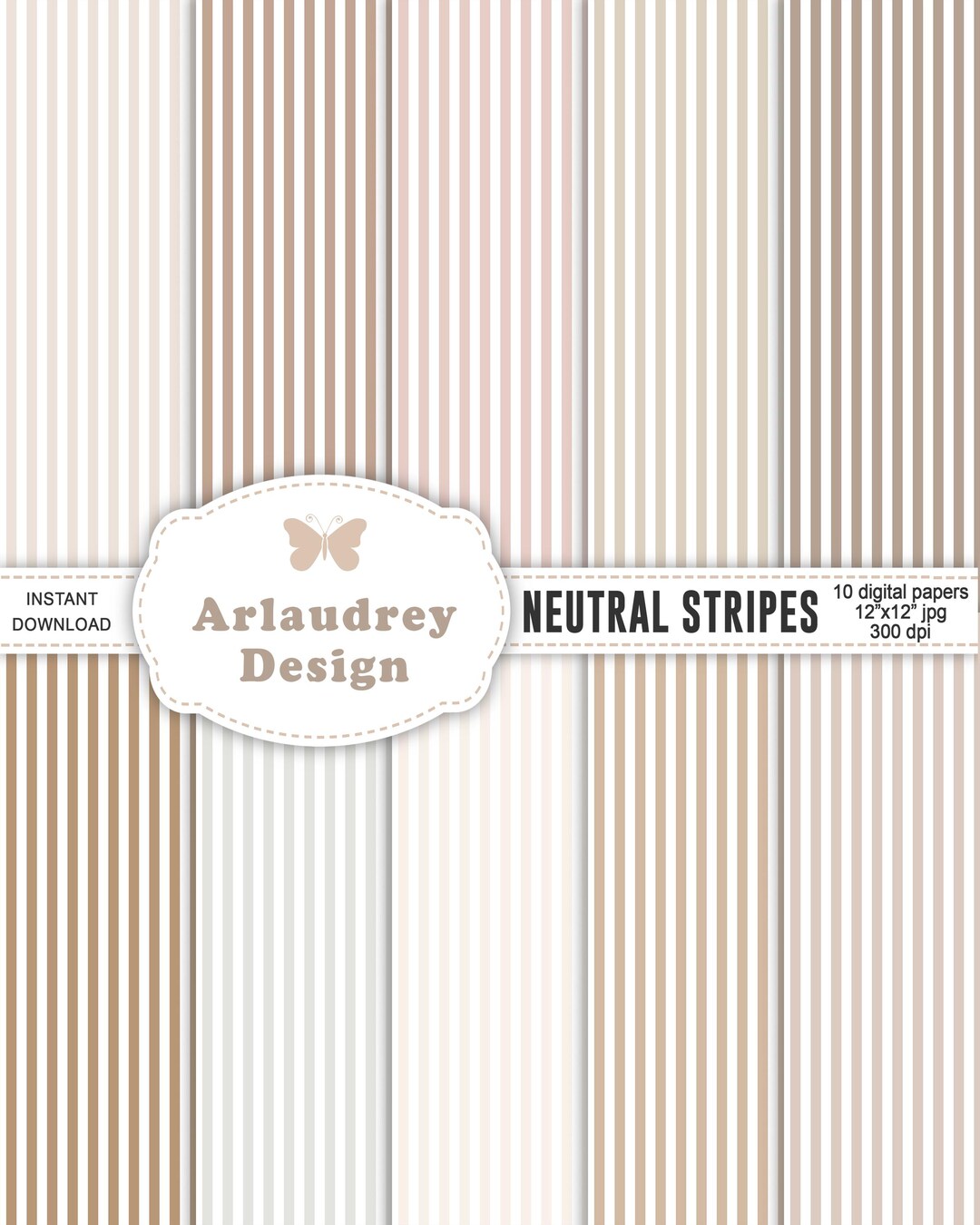 Neutral Stripes Digital Paper, Beige Paper Printables, Striped ...