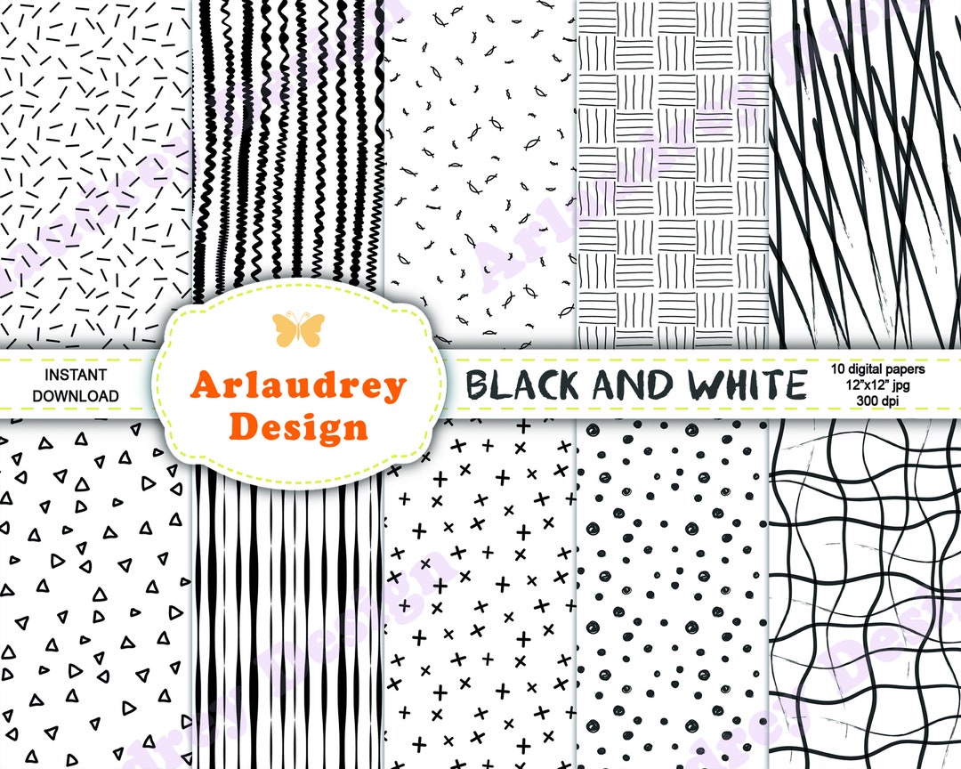 Black and White Digital Paper, Black and White Doodle Background, Black ...