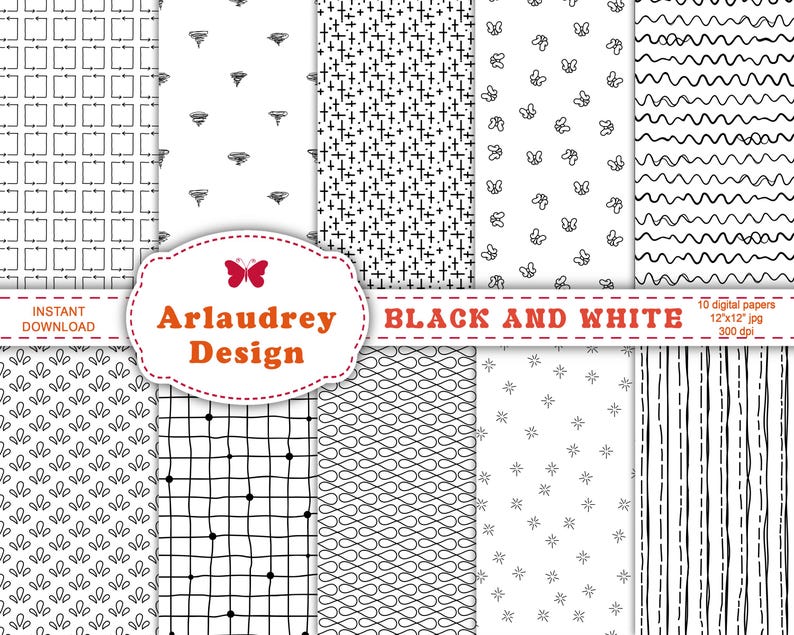 Seamless Black and White Digital Paper Pack, Scrapbooking Pages. B&W ...