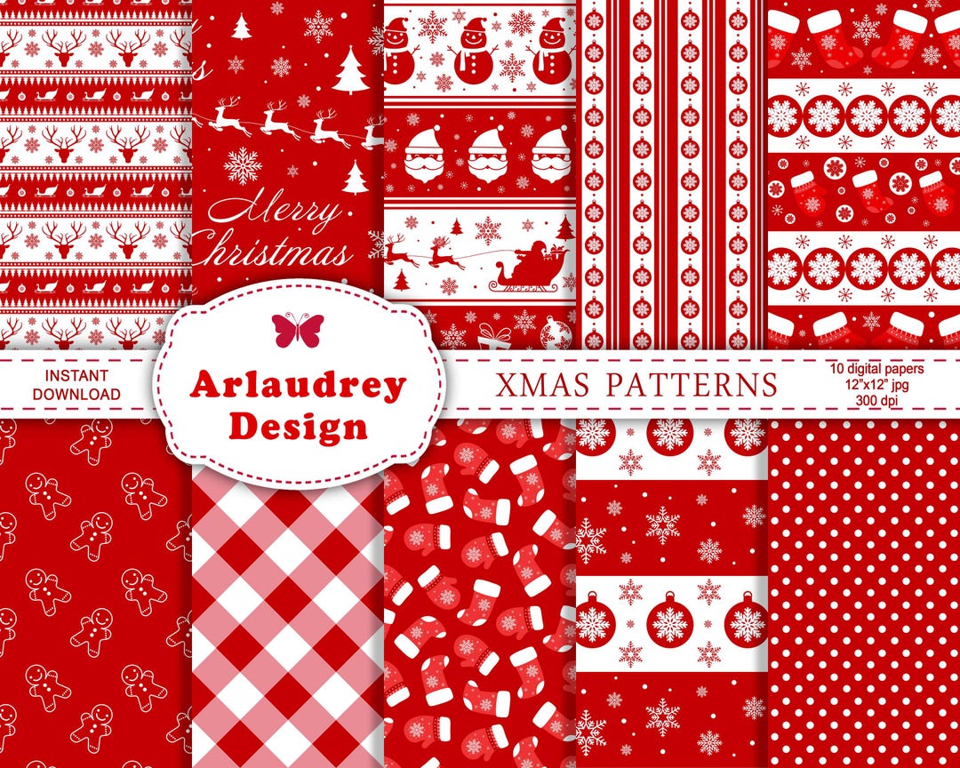 Christmas Digital Paper Pack Instant Download Red Seamless Christmas ...