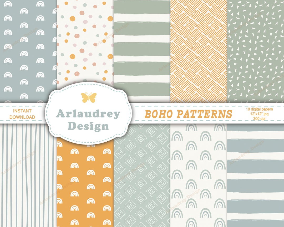 Boho Digital Paper, Boho Design Printable Papers, Boho Rainbow Digital ...