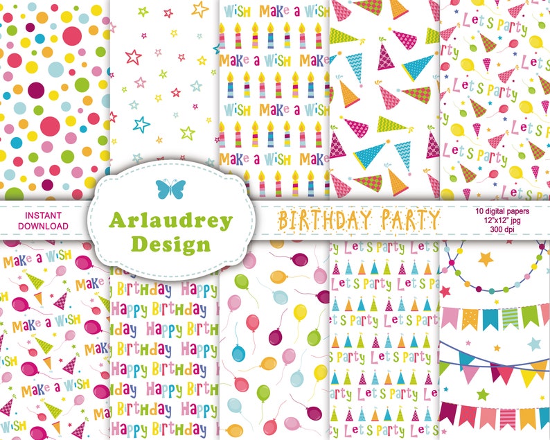 Happy Birthday Digital Paper, Birthday Patterns, Birthday Party Digital ...