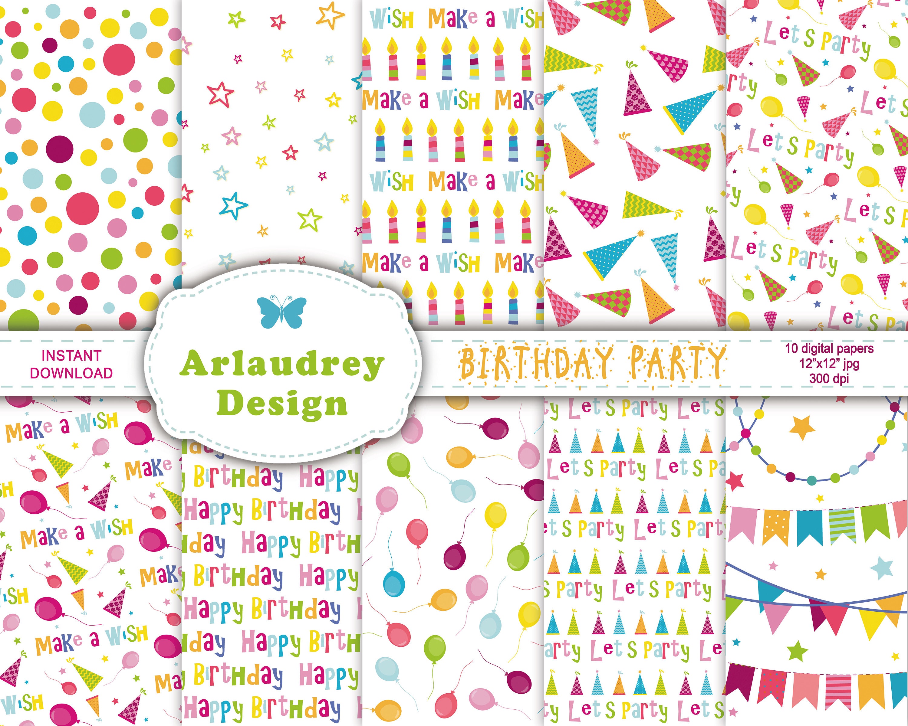 Happy Birthday Digital Paper, Birthday Patterns, Birthday Party Digital ...