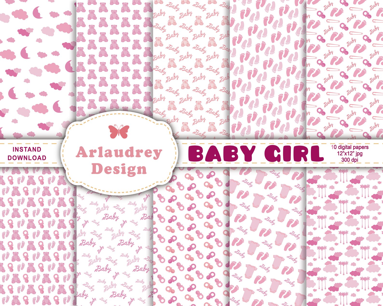 Baby Digital Paper, New Baby Girl Printable Paper, Baby Shower, Girly ...