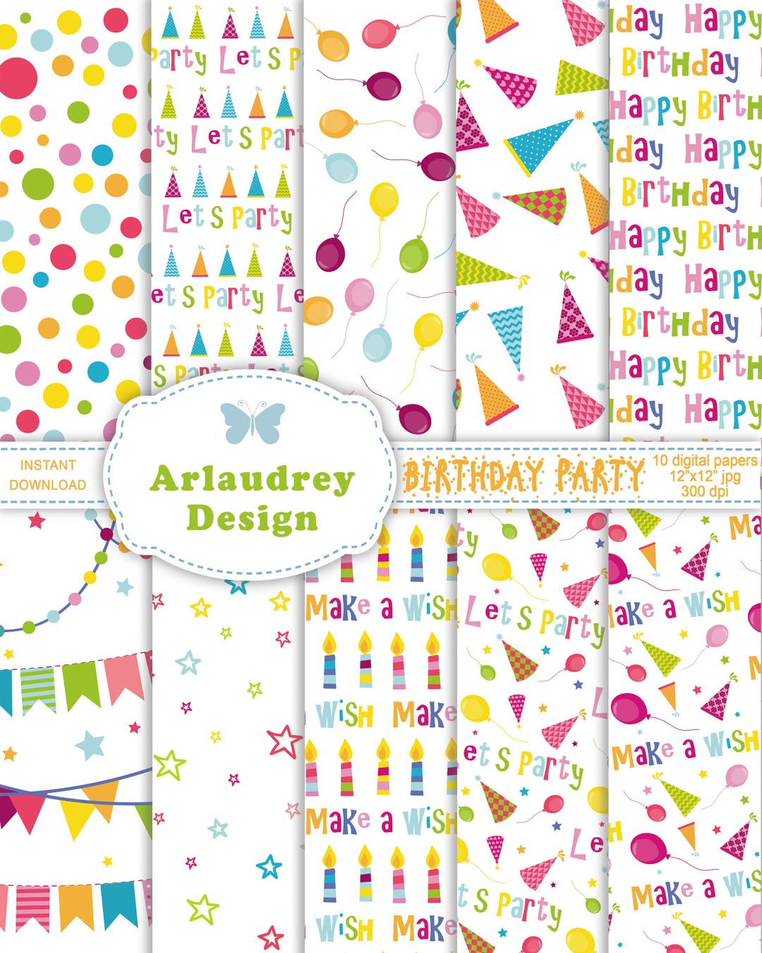 Happy Birthday Digital Paper, Birthday Patterns, Birthday Party Digital ...