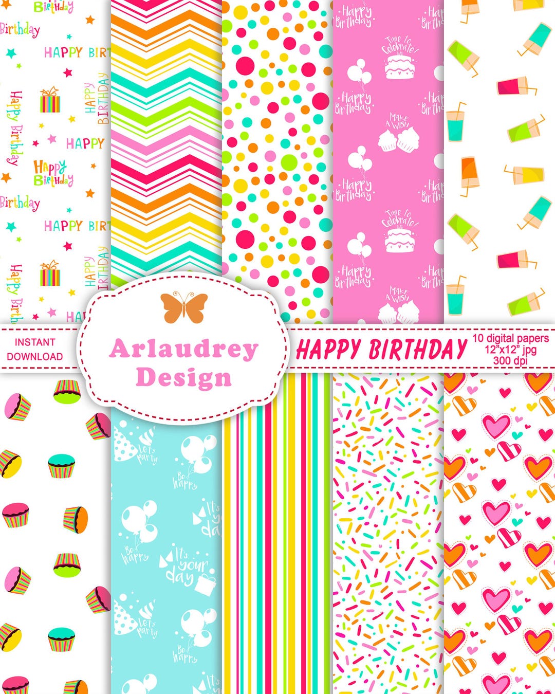 Happy Birthday Digital Paper, Birthday Patterns, Birthday Party Digital ...