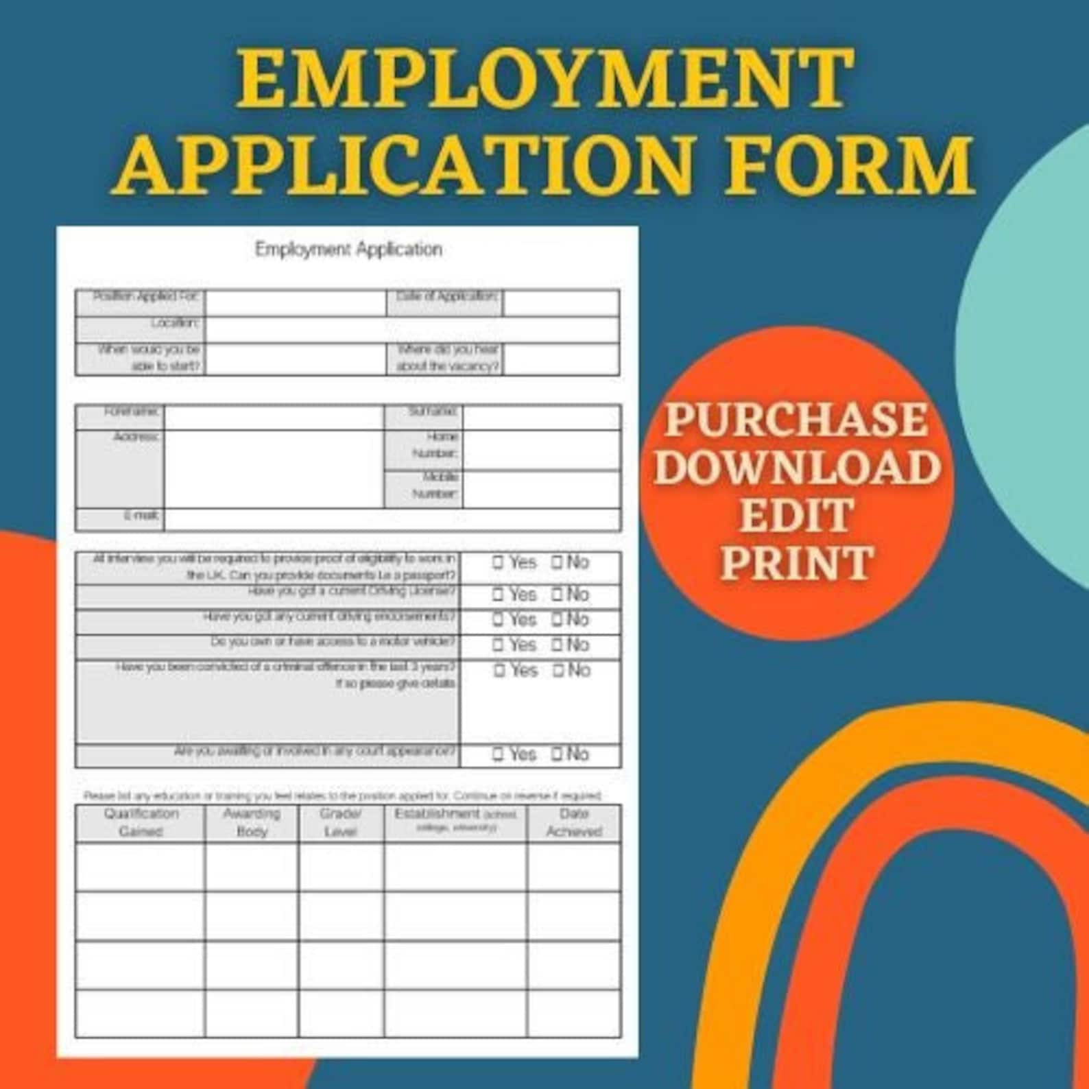 Employment Application, Printable, Form, Daycare, Editable, Childcare ...