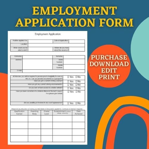 Employment Application, Printable, Form, Daycare, Editable, Childcare ...