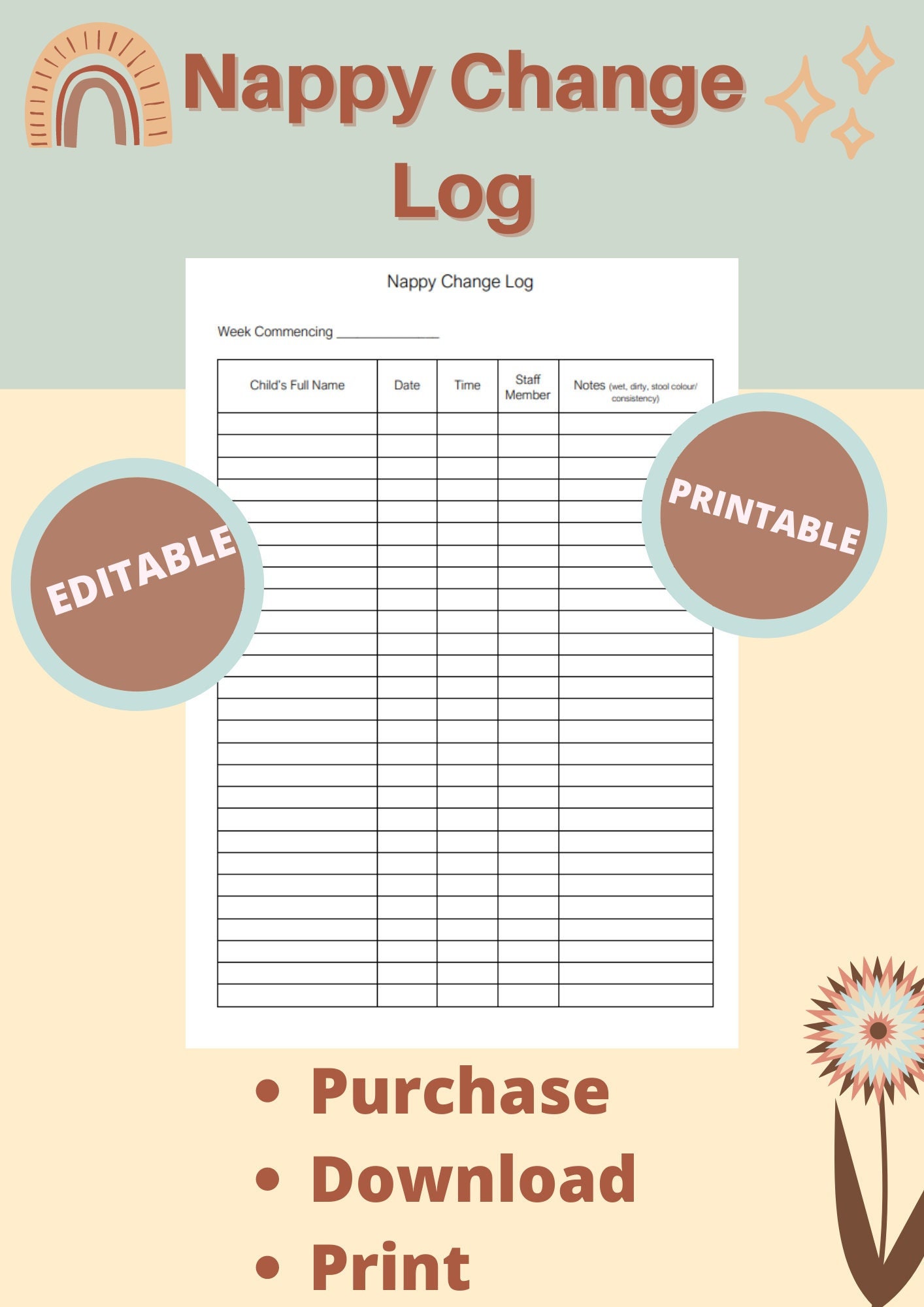 Nappy Change Log, Printable, Form, Daycare, Editable, Childcare ...