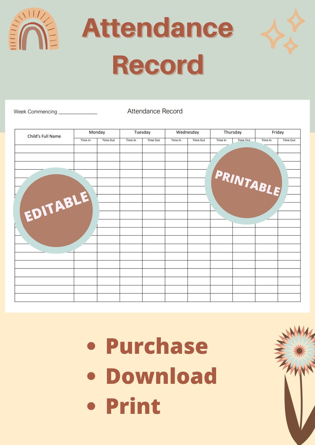 Attendance Record, Printable, Form, Daycare, Editable, Childcare ...
