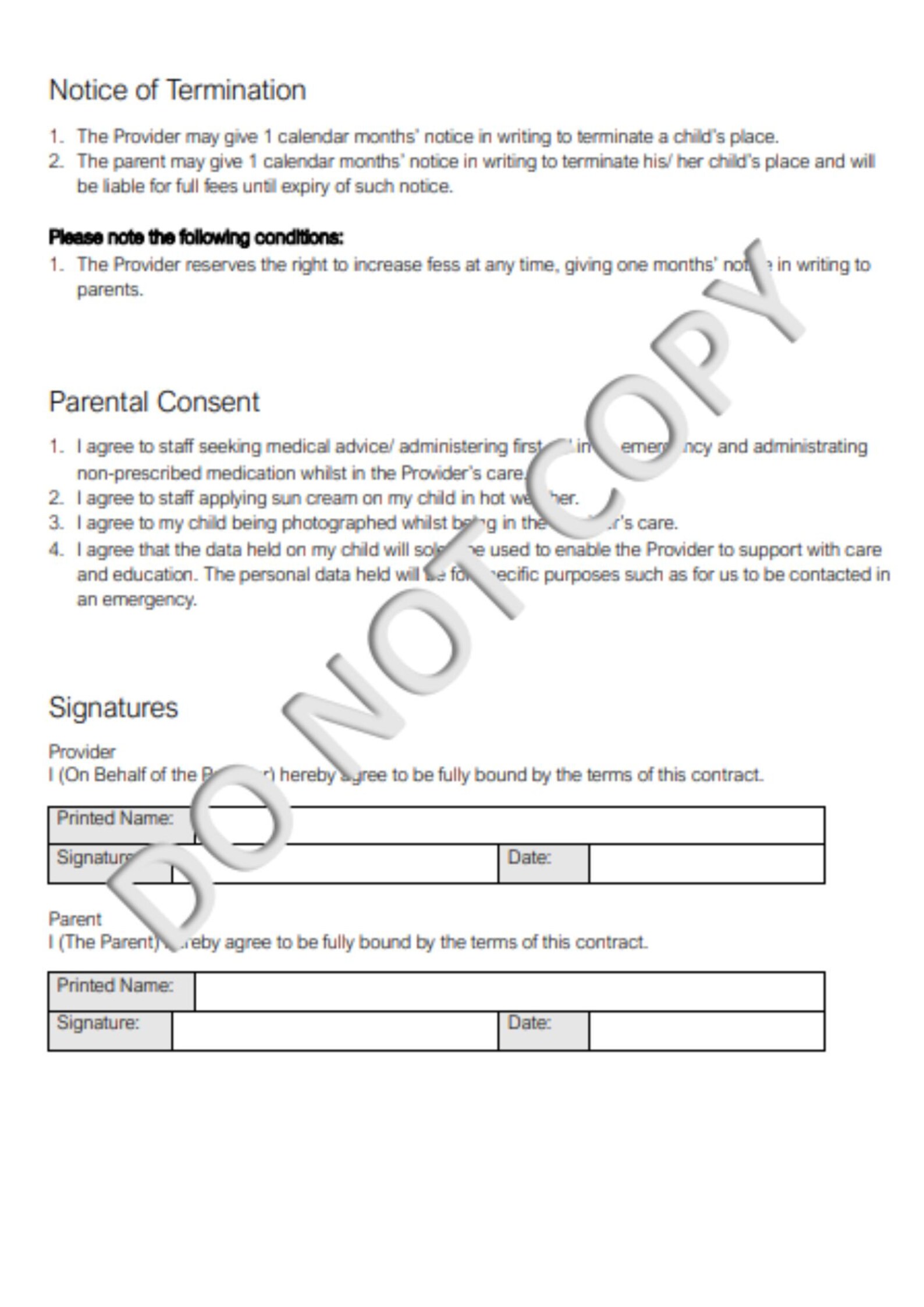 Contract of Agreement, Printable, Form, Daycare, Editable, Childcare ...