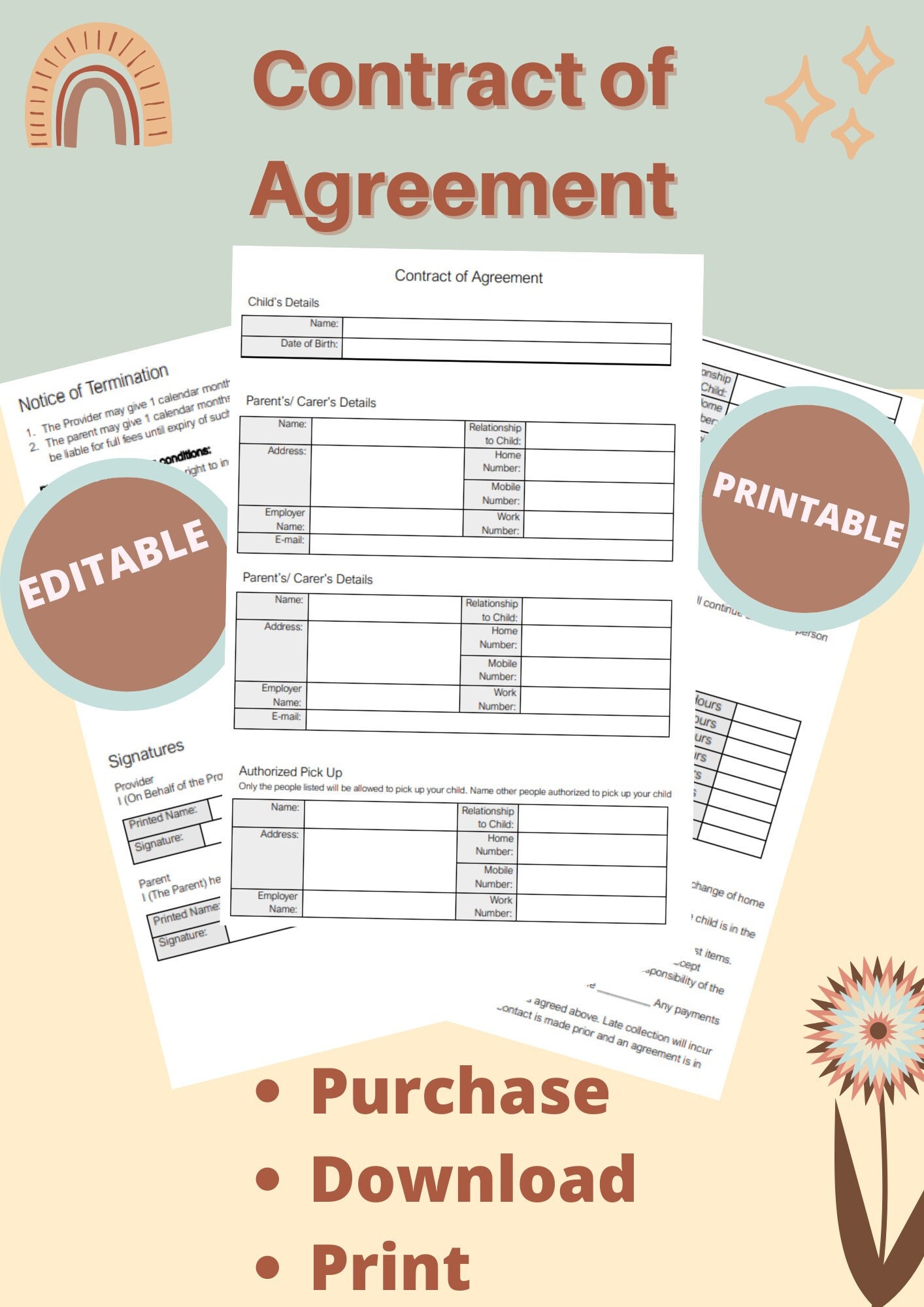 Contract of Agreement, Printable, Form, Daycare, Editable, Childcare ...