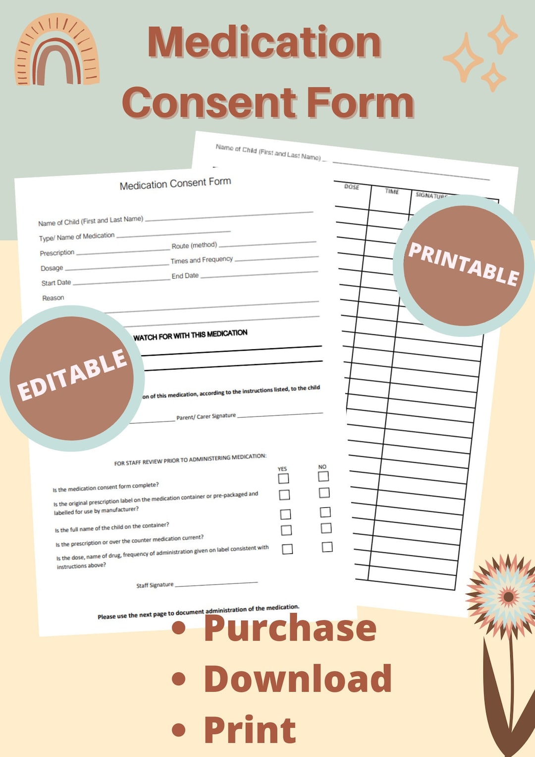 Medication Consent Form Printable Form Daycare Editable Etsy