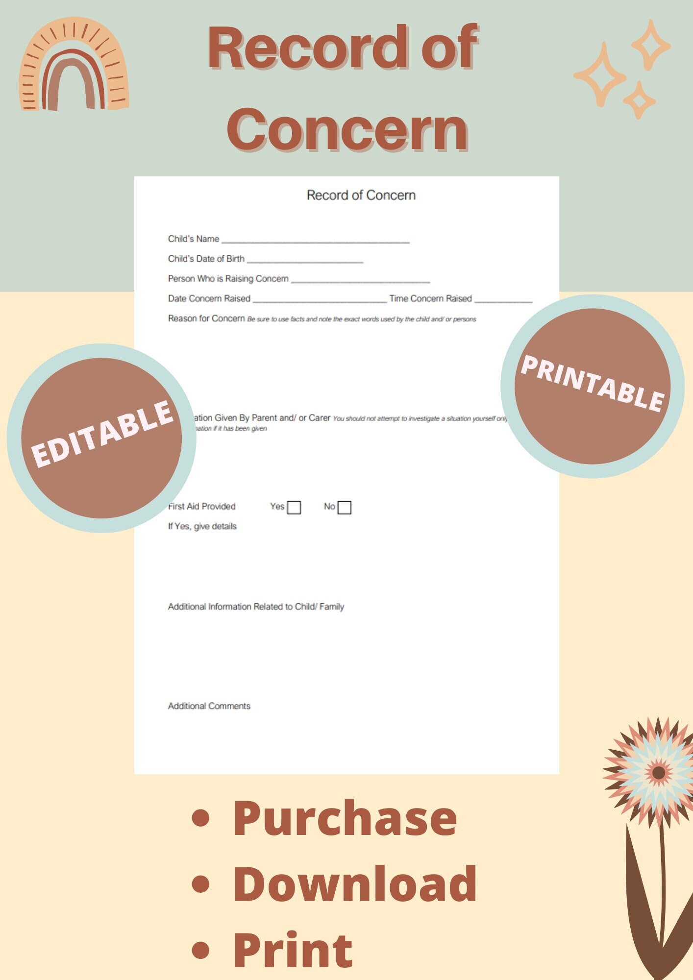 Record of Concern, Printable, Form, Daycare, Editable, Childcare ...