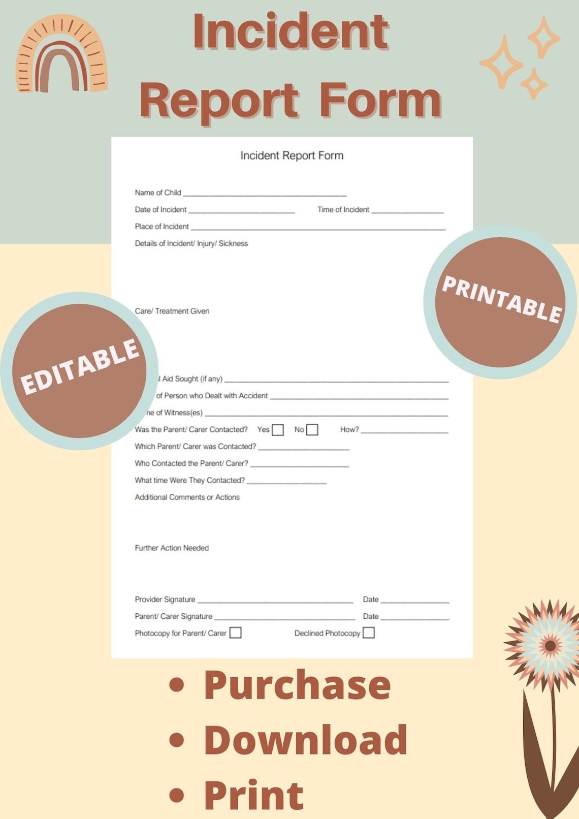 Incident Report Form, Printable, Form, Daycare, Editable, Childcare ...