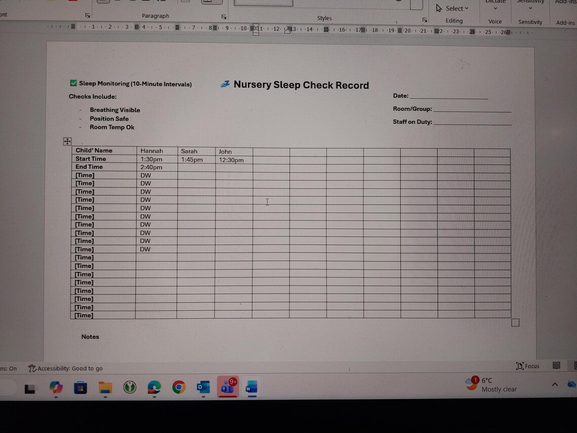 Sleep Record, Printable, Form, Daycare, Editable, Childcare Providers ...