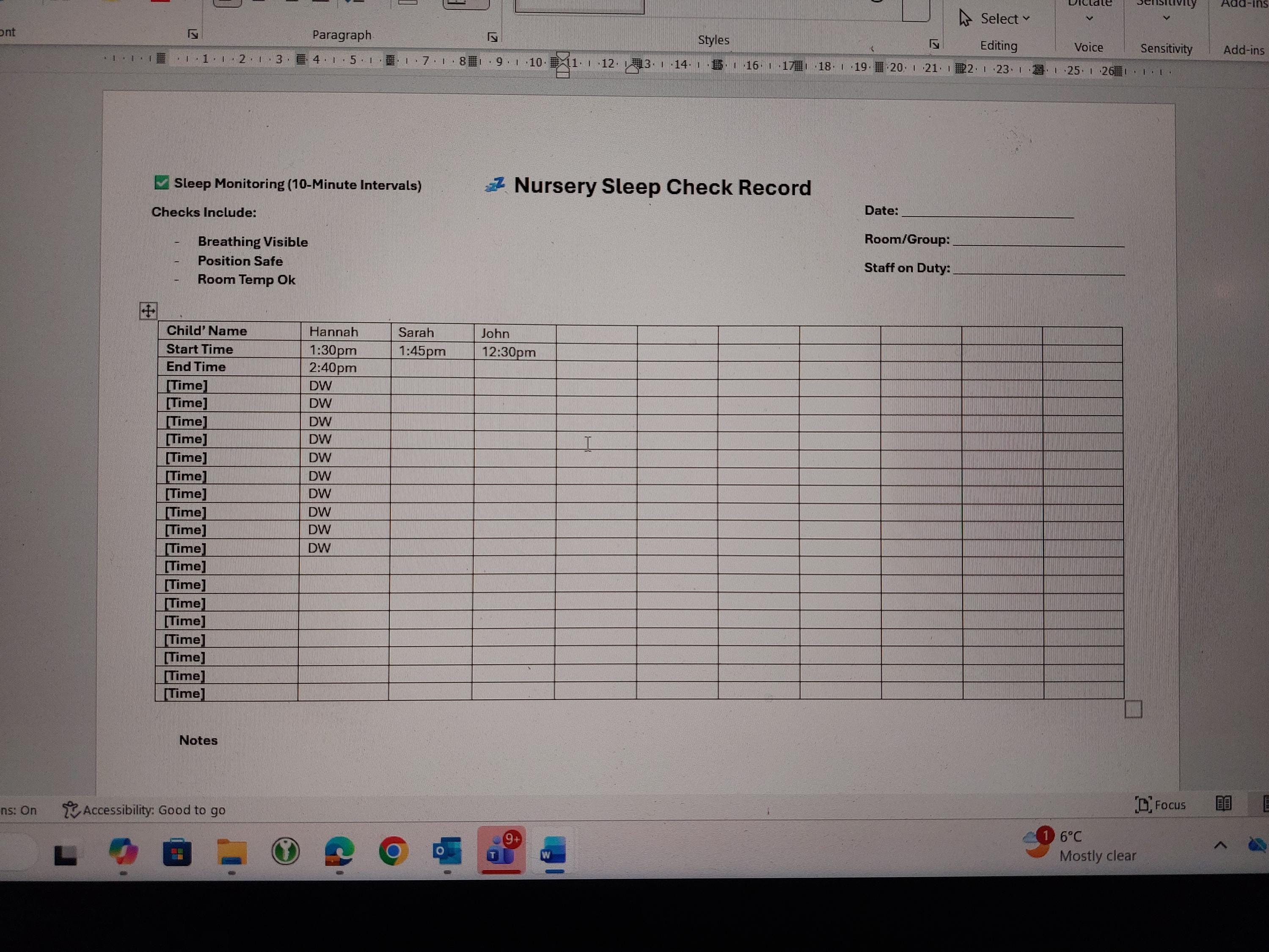 Sleep Record, Printable, Form, Daycare, Editable, Childcare Providers ...