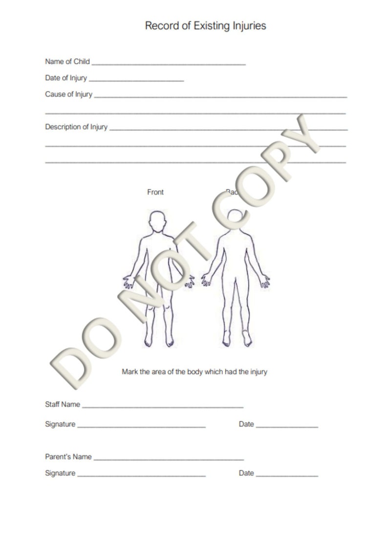 Record of Existing Injuries Form, Printable, Form, Daycare, Editable ...