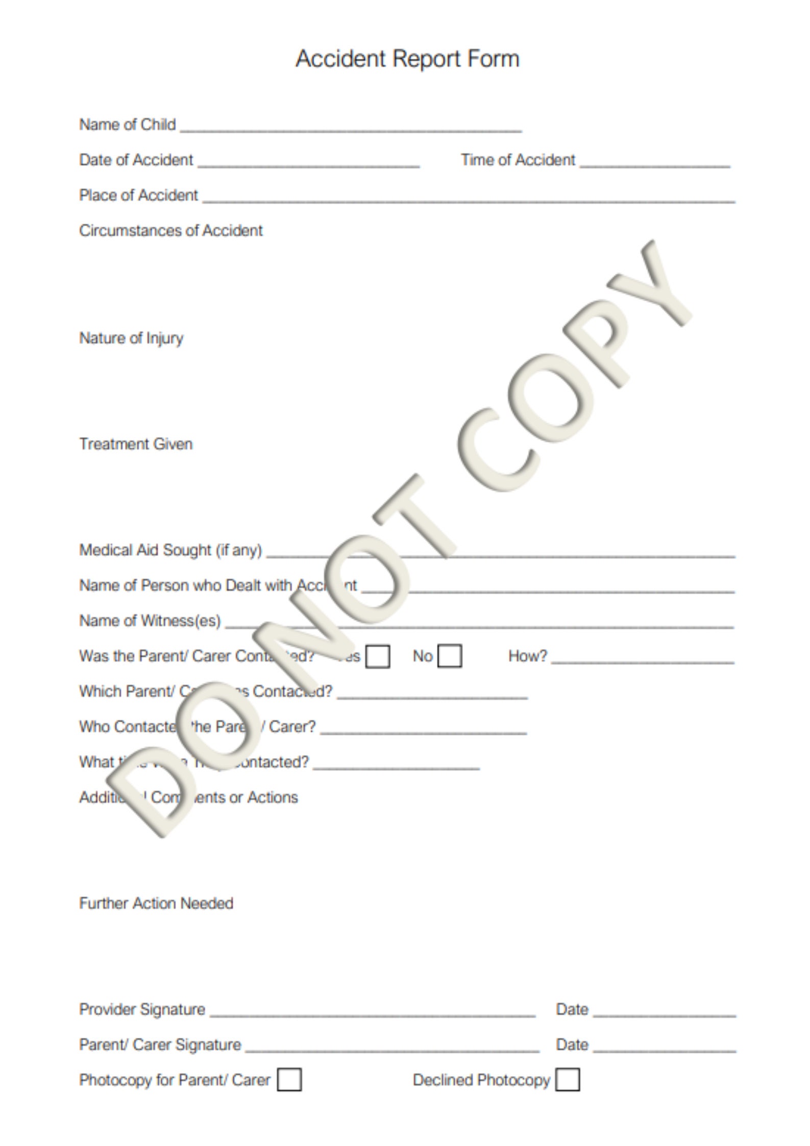 Accident Report Form, Printable, Form, Daycare, Editable, Childcare ...