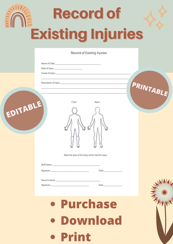 Record of Existing Injuries Form Printable Form Daycare - Etsy Record of Existing Injuries Form Printable Form Daycare - Etsy