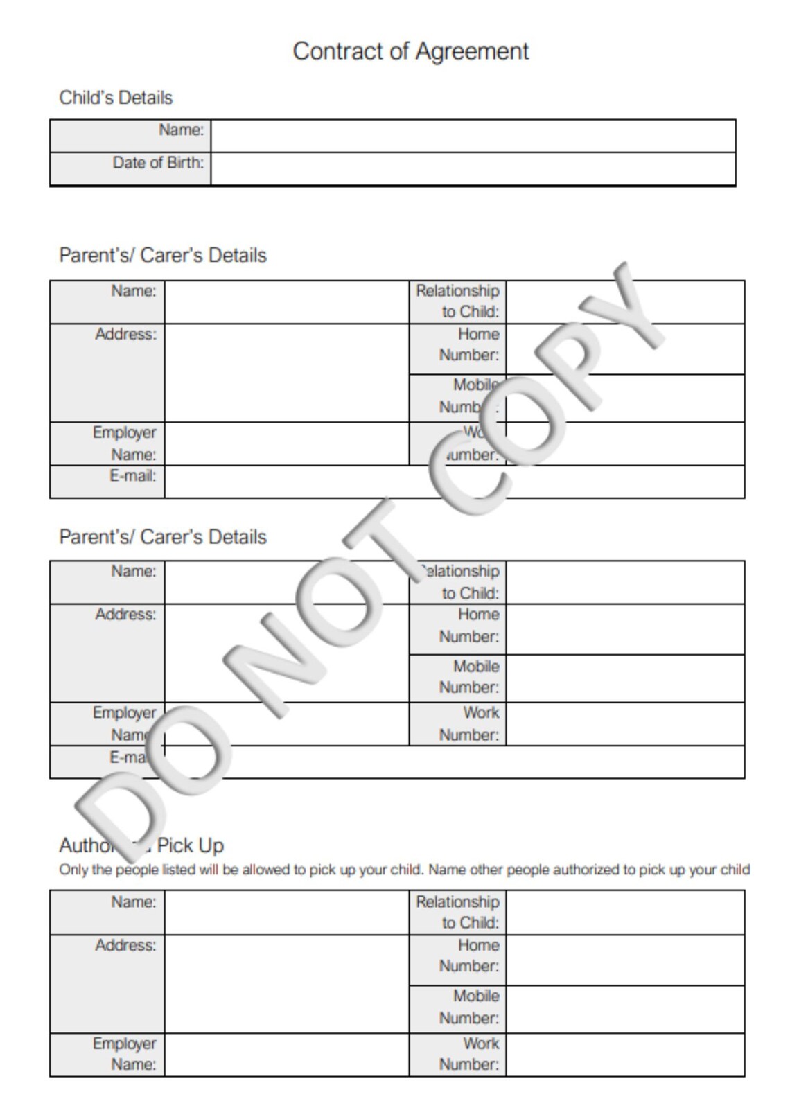 Contract of Agreement, Printable, Form, Daycare, Editable, Childcare ...