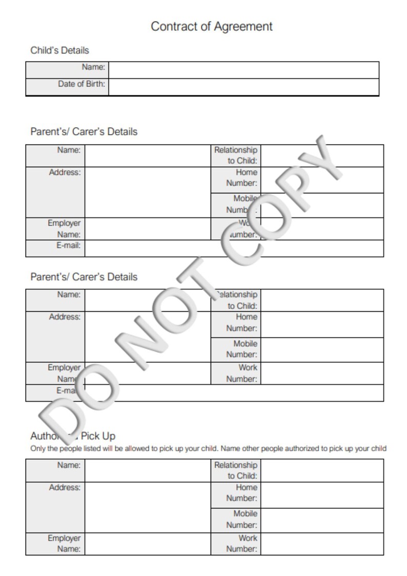 Contract of Agreement, Printable, Form, Daycare, Editable, Childcare ...