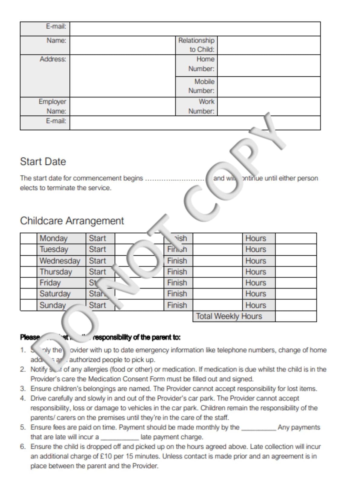 Contract of Agreement, Printable, Form, Daycare, Editable, Childcare ...