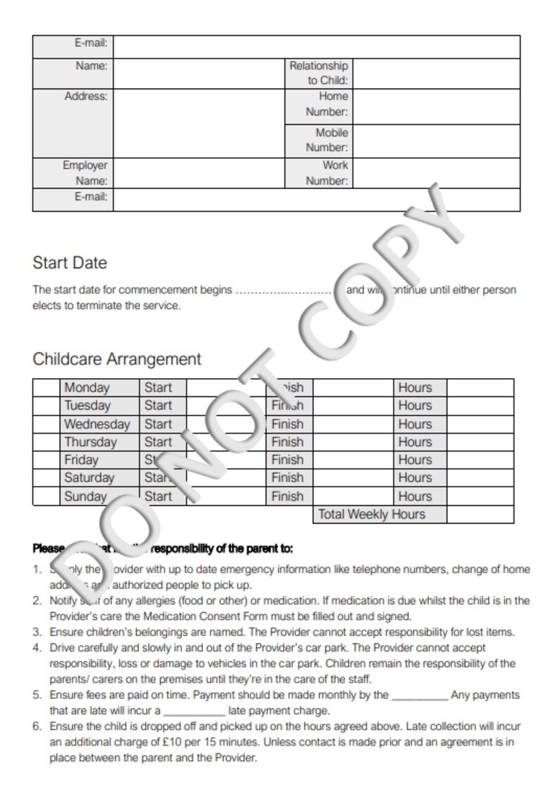 Contract of Agreement, Printable, Form, Daycare, Editable, Childcare ...
