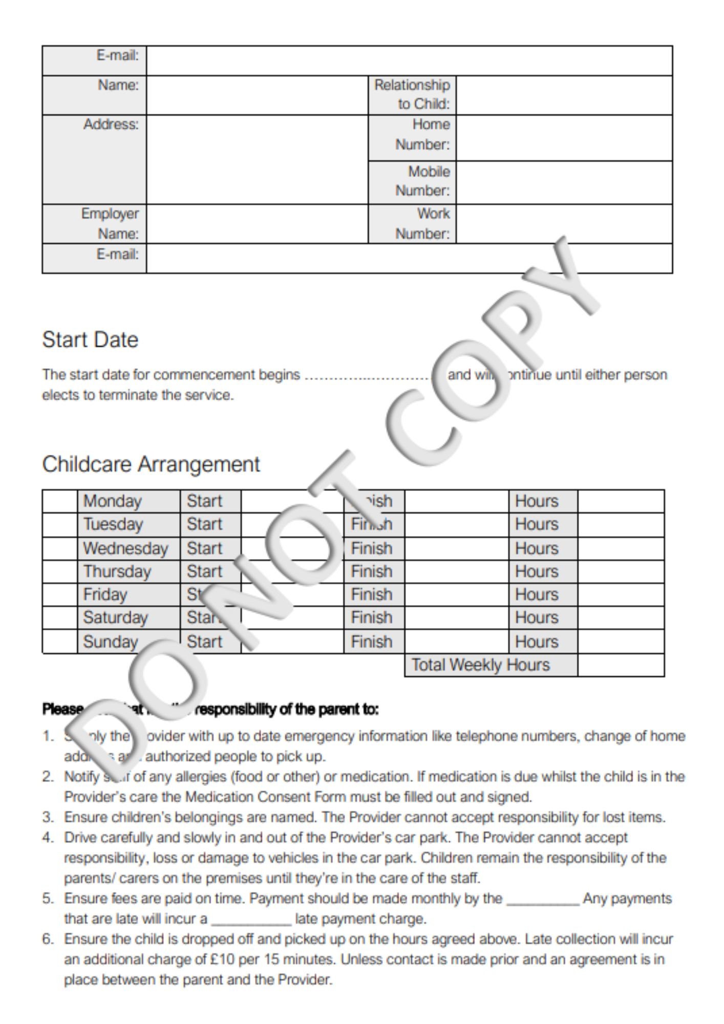 Contract of Agreement, Printable, Form, Daycare, Editable, Childcare ...