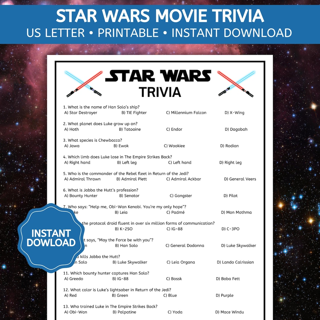 Star Wars Movie Trivia Game, Movie Night Game, Star Wars Birthday Game ...