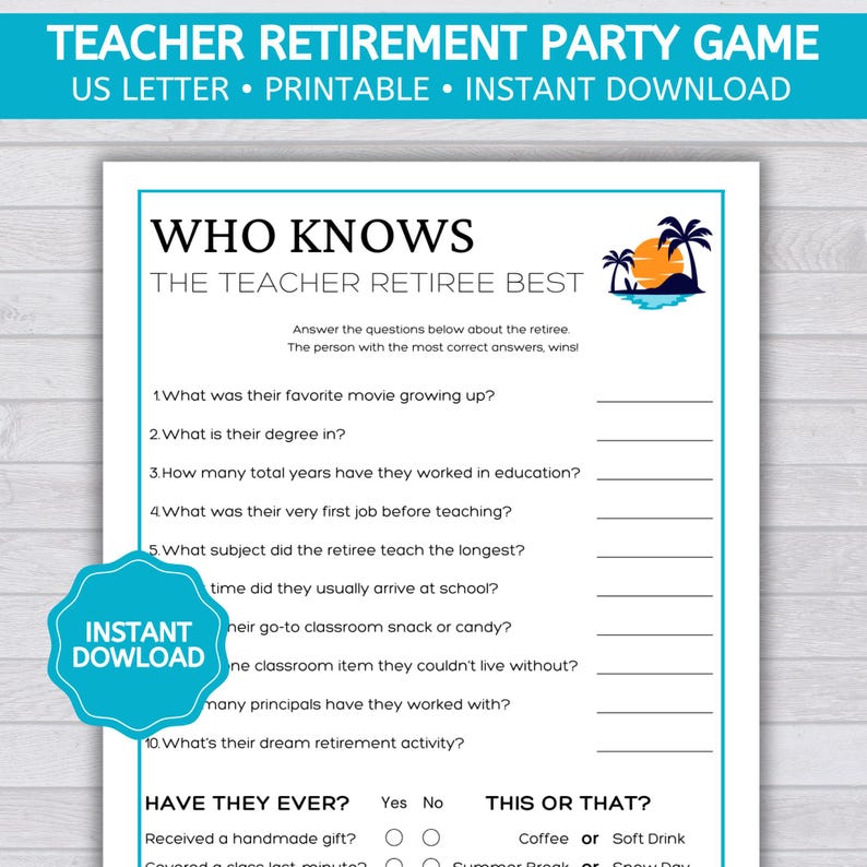 Teacher Retirement Party Game, Who Knows the Teacher Retiree Best, This ...