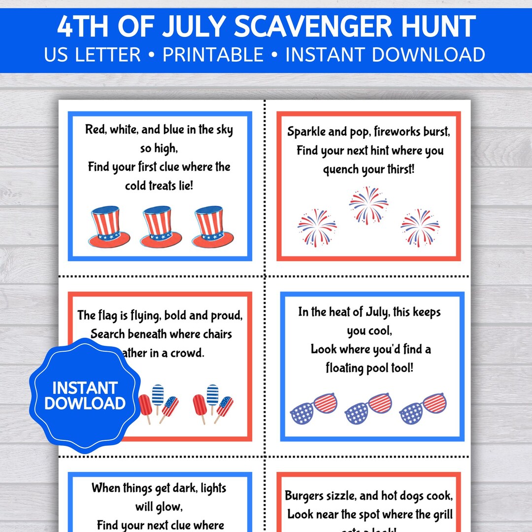 Fourth of July Scavenger Hunt Cards for Older Kids and Teenagers ...