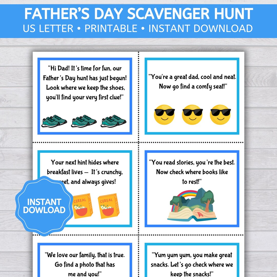 Father's Day Scavenger Hunt Cards, Father's Day Treasure Hunt Clues ...