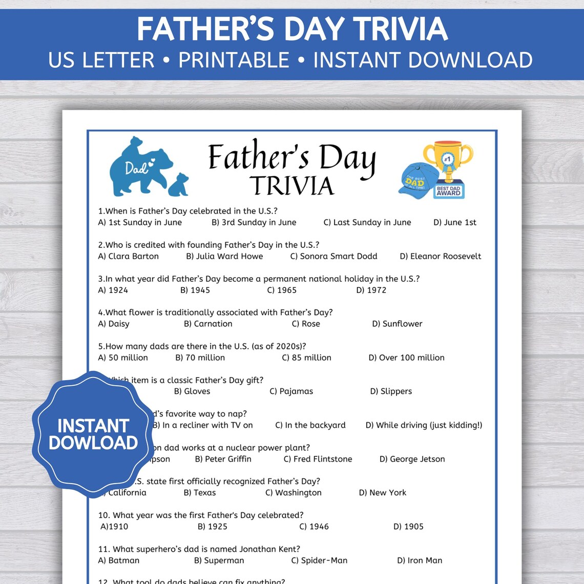 Father's Day Trivia, Father's Day Activity, Father's Day Game, Father's ...