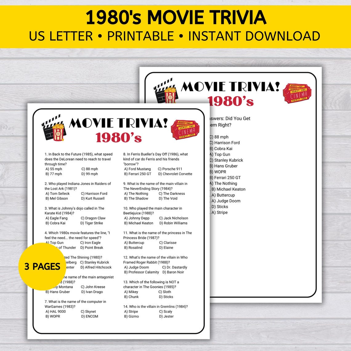 1980's Movie Trivia Game, 80s Trivia, Game Night, 1980's Birthday Game ...