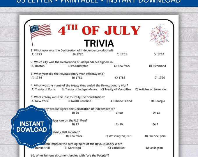 Fourth of July Trivia Game, July 4th Trivia Game, Independence Day ...