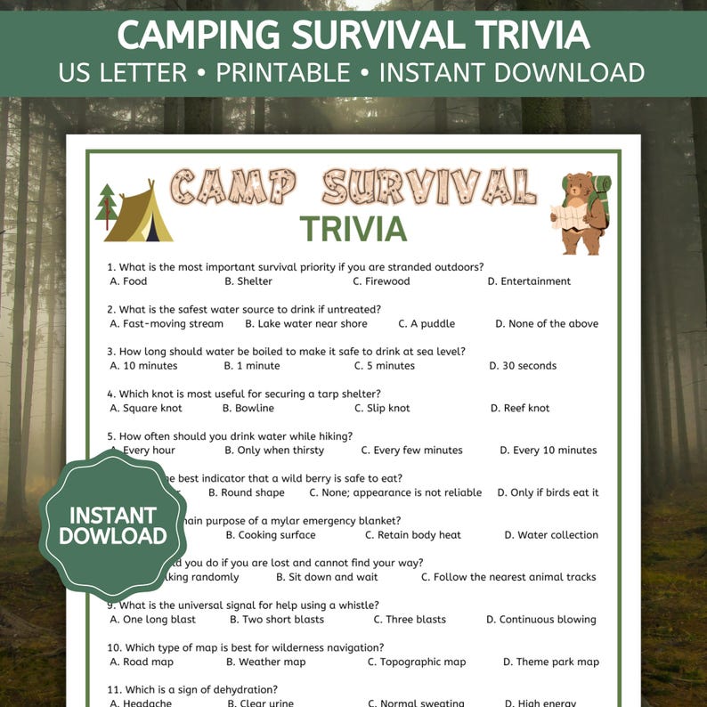 Camping Survival Trivia Game, Boy Scouts Game, Girl Scouts Game, Adults ...
