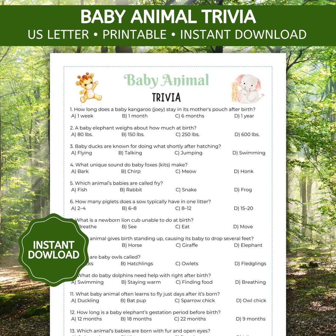 Baby Animal Trivia Game, Baby Shower Game, Baby Shower Activity ...