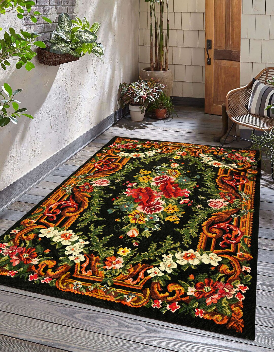 Flowers Colourful Rug, Red Orange Black Rug, Personalized Flowers Rug ...