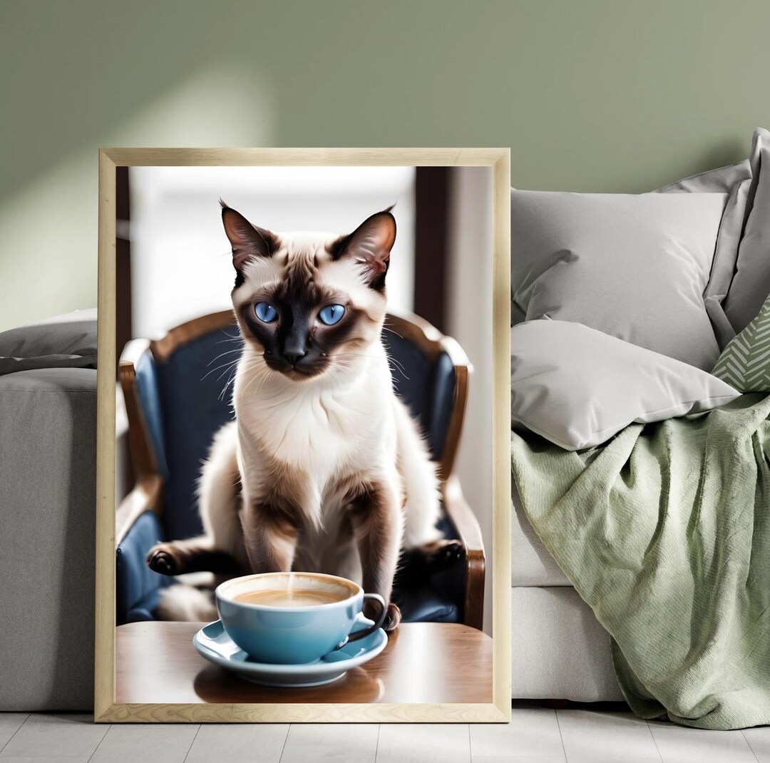 Siamese Cat Poster Siamese Cat Wall Art of Coffee Cat Painting of Cat ...