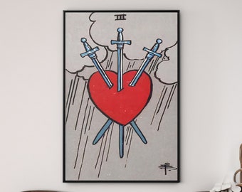 Three of Swords Print Tarot Card Art Poster Suit of Swords Canvas ...